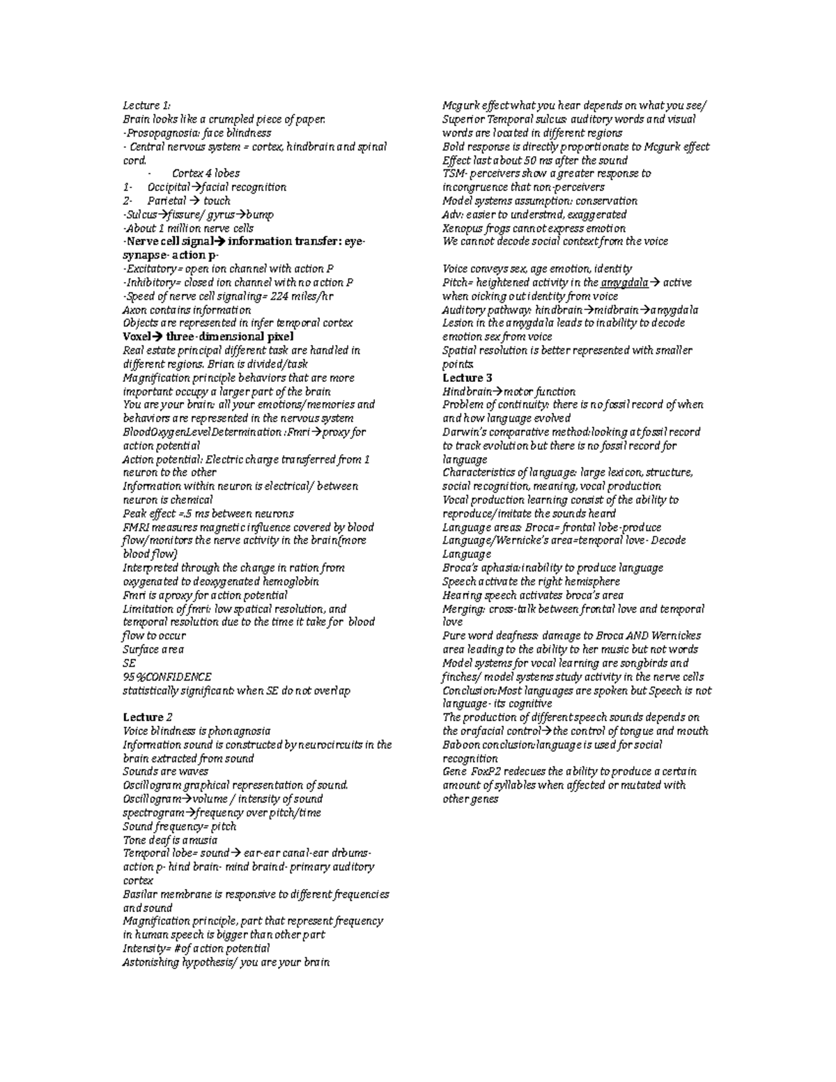 Frontiers of Science Cheat Sheet - Lecture 1: Brain looks like a ...