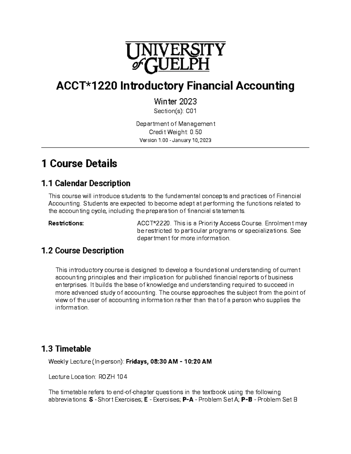 ACCT 1220 Course Outline Final - ACCT*1220 Introductory Financial ...