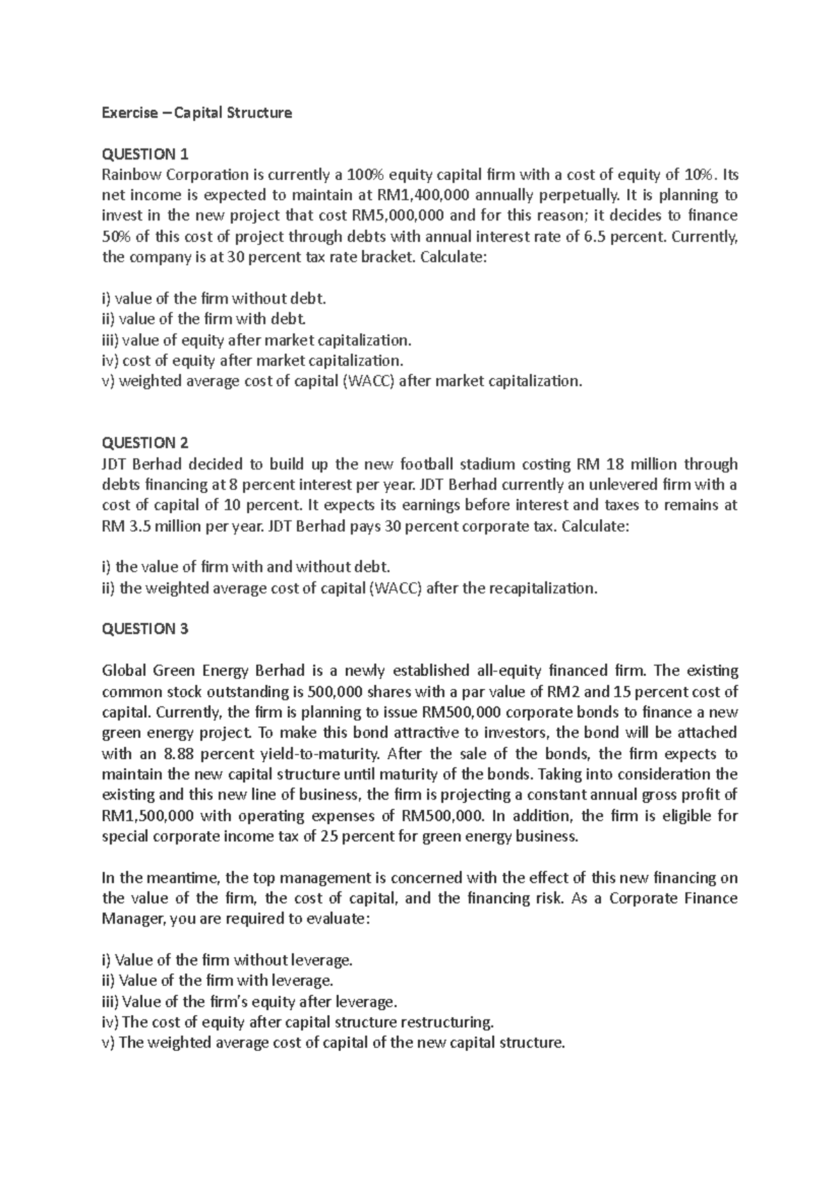 Exercises - Capital Structure Policy - Exercise – Capital Structure ...