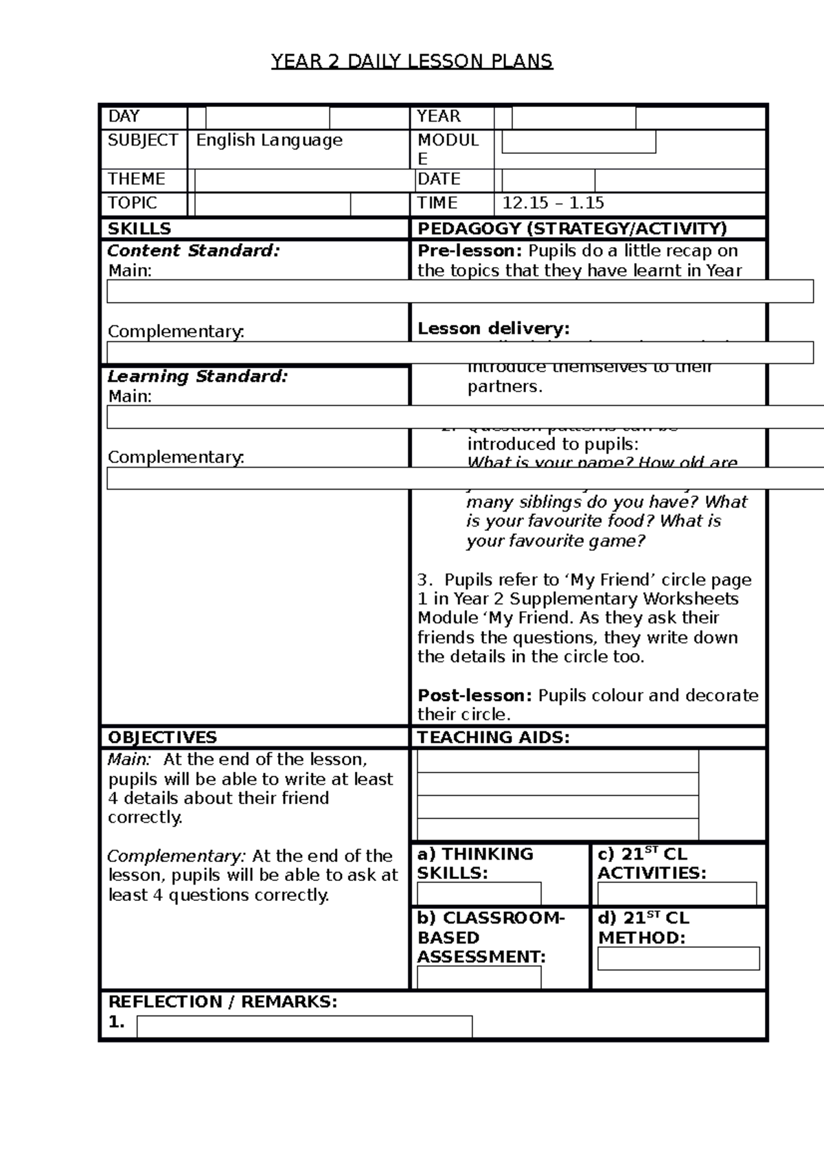 YEAR 2 - esay - YEAR 2 DAILY LESSON PLANS DAY YEAR SUBJECT English ...