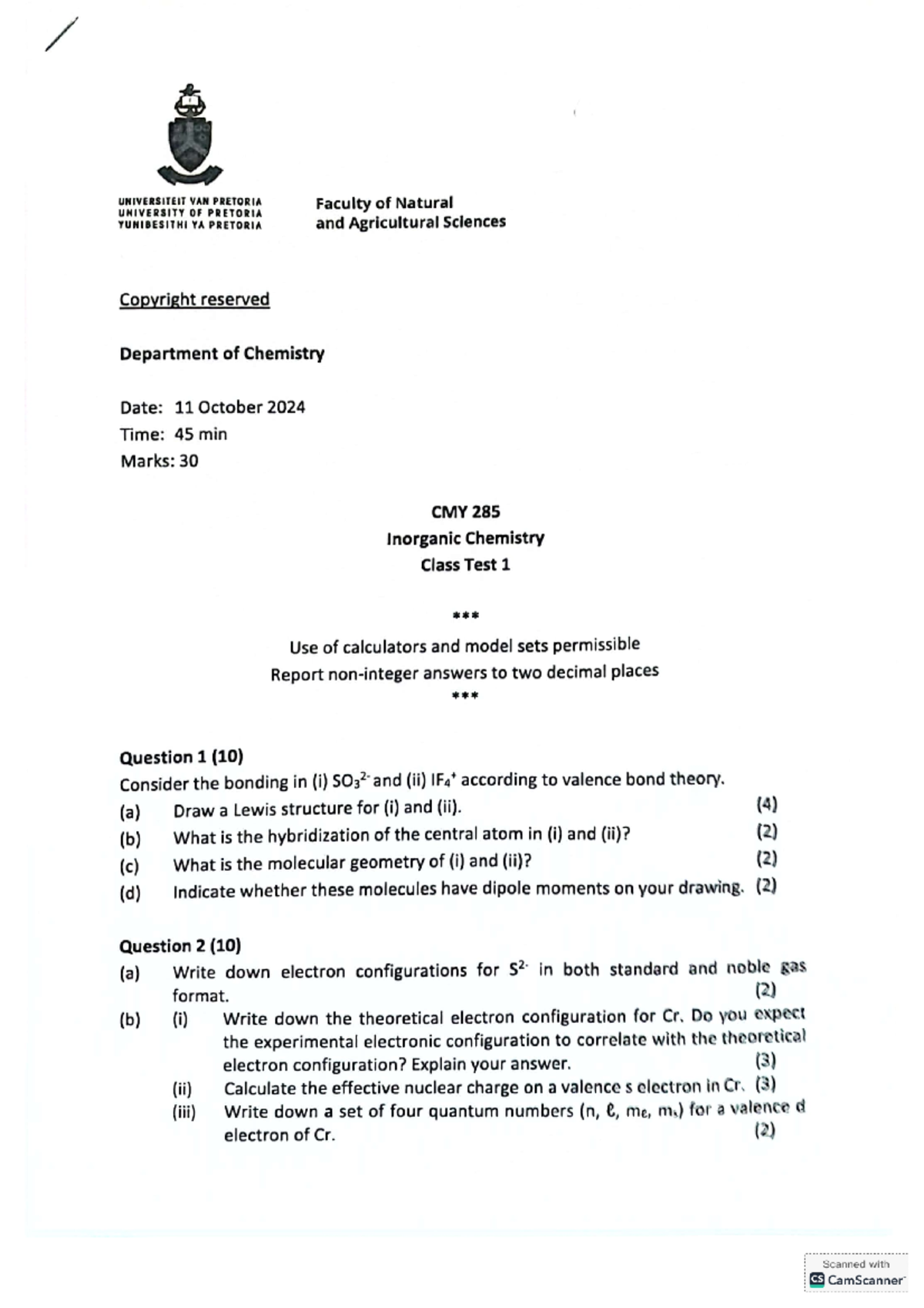 CMY 285 Class TEST 1 - themes 1-3 - UNIVERSITEIT VAN PRETORIA Faculty ...