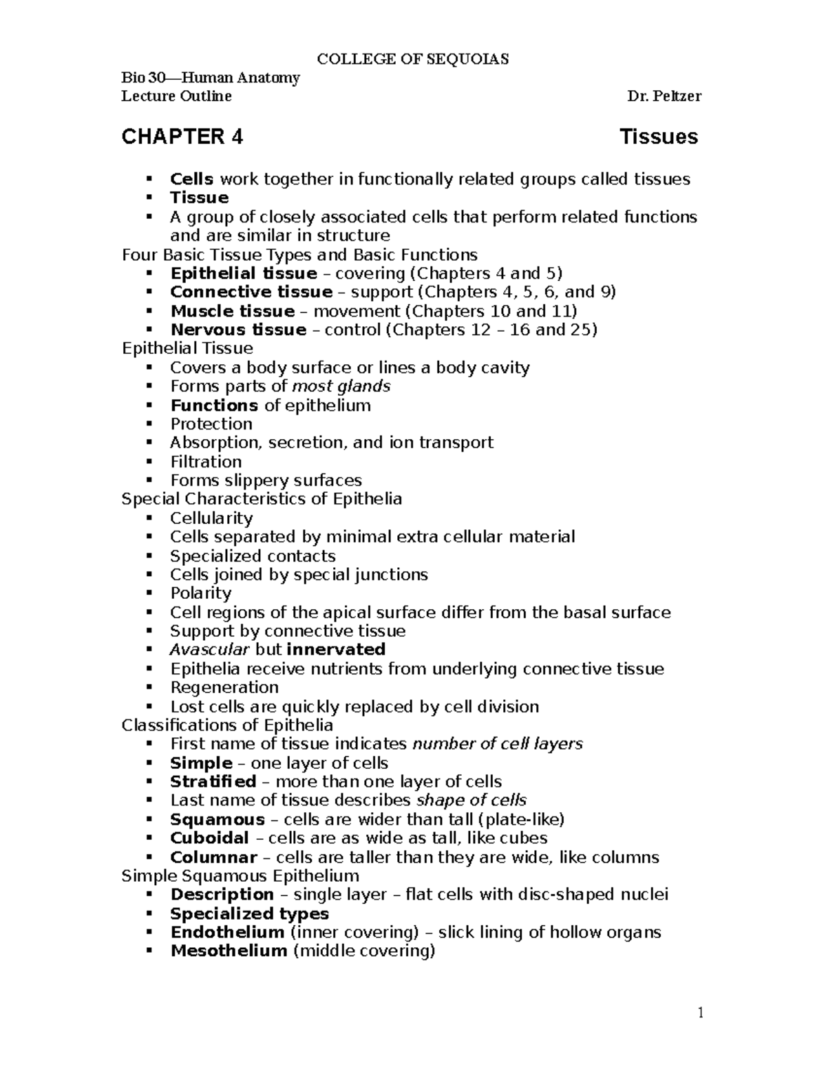 Ch. 4 Outline - Tissues Dr. Peltzer - Bio 30—Human Anatomy Lecture ...