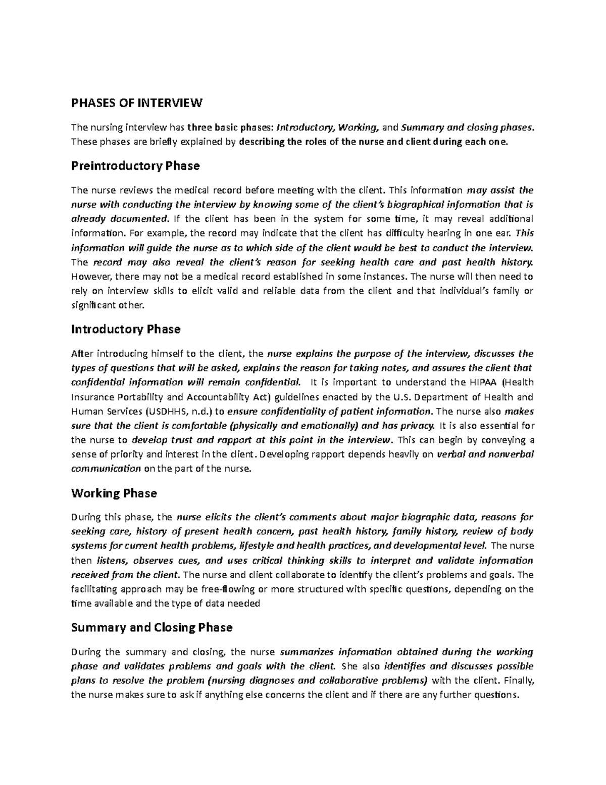 Phases OF Interview - some notes - PHASES OF INTERVIEW The nursing ...