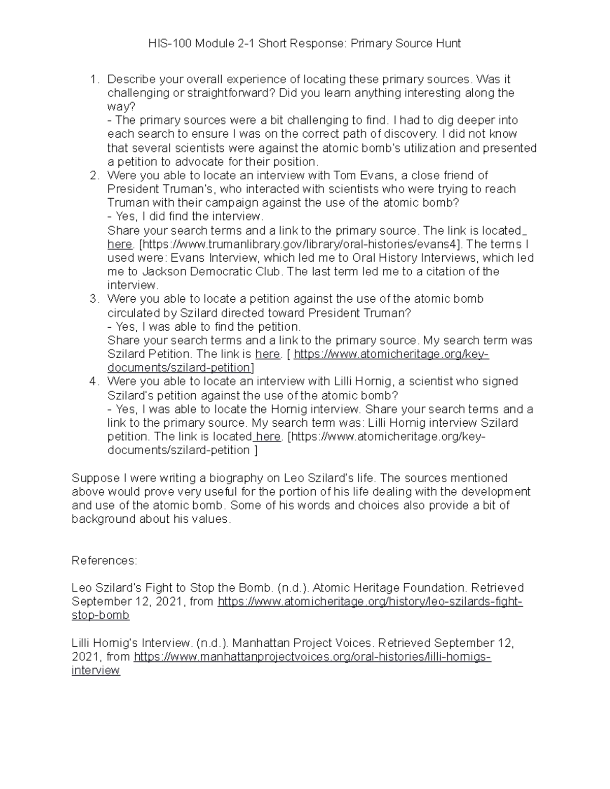 HIS-100 Module 2-1 Short Response - Was it challenging or ...