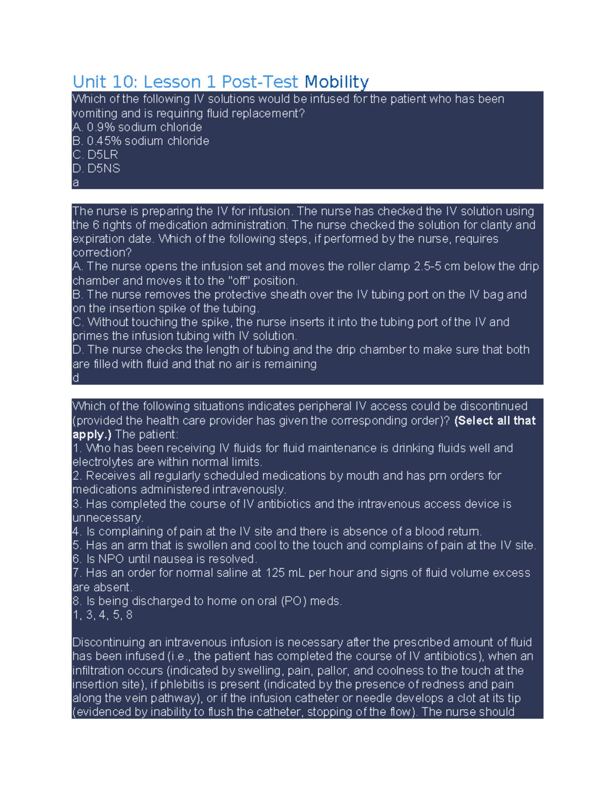 Unit 12 Exam IV fluid therapy Evolve - Unit 10: Lesson 1 Post-Test ...