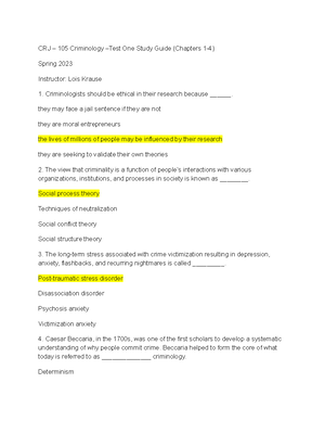 Criminology Test 1 Study Guide - CRJ – 105 Criminology –Test One Study ...