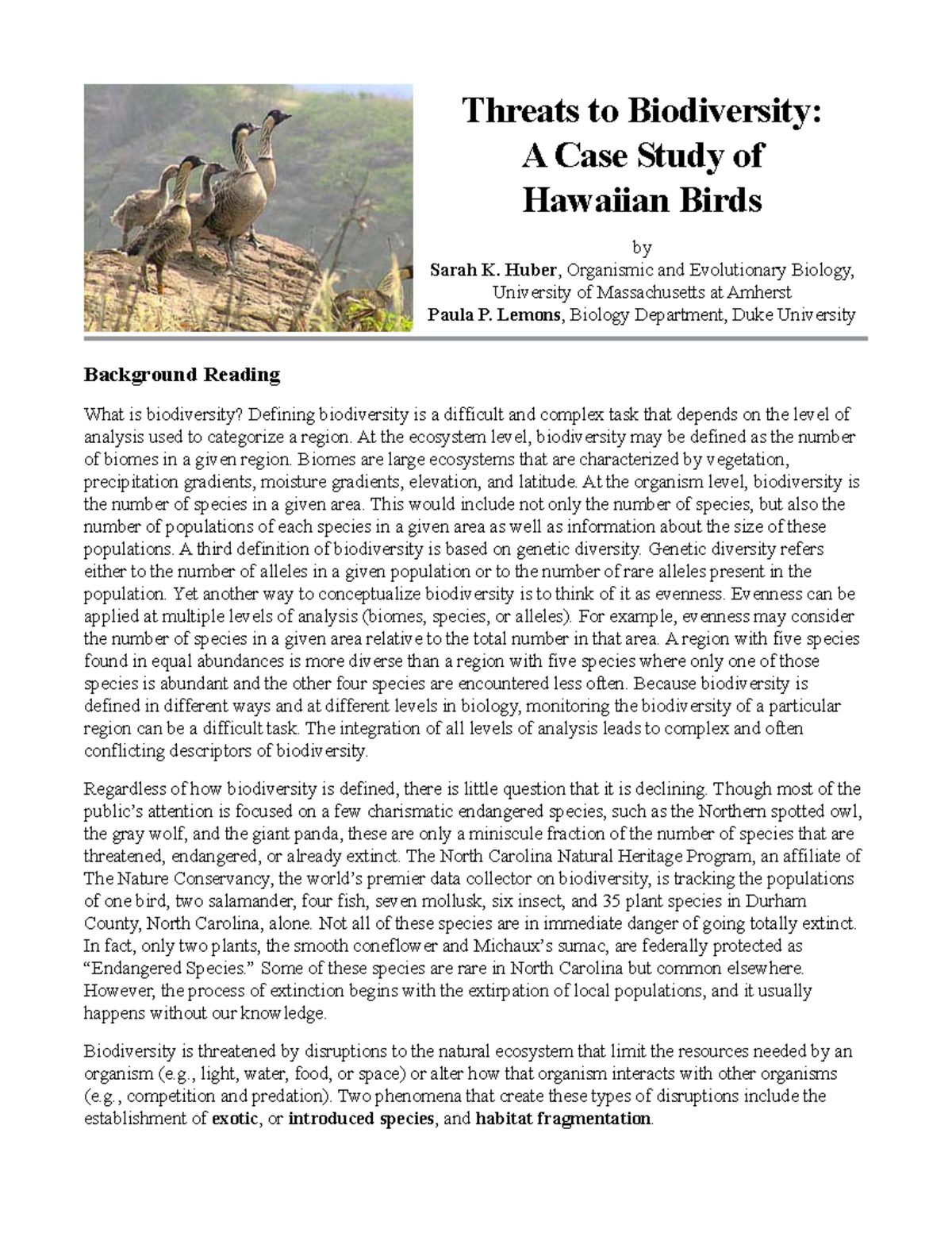 Hawaiian birds biodiversity case study-1 - Threats to Biodiversity: A ...