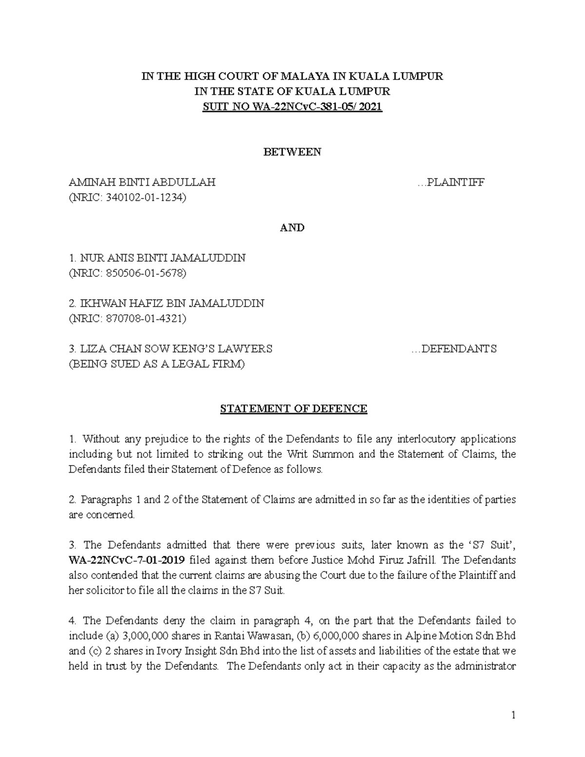 Statement of Defense - IN THE HIGH COURT OF MALAYA IN KUALA LUMPUR IN ...