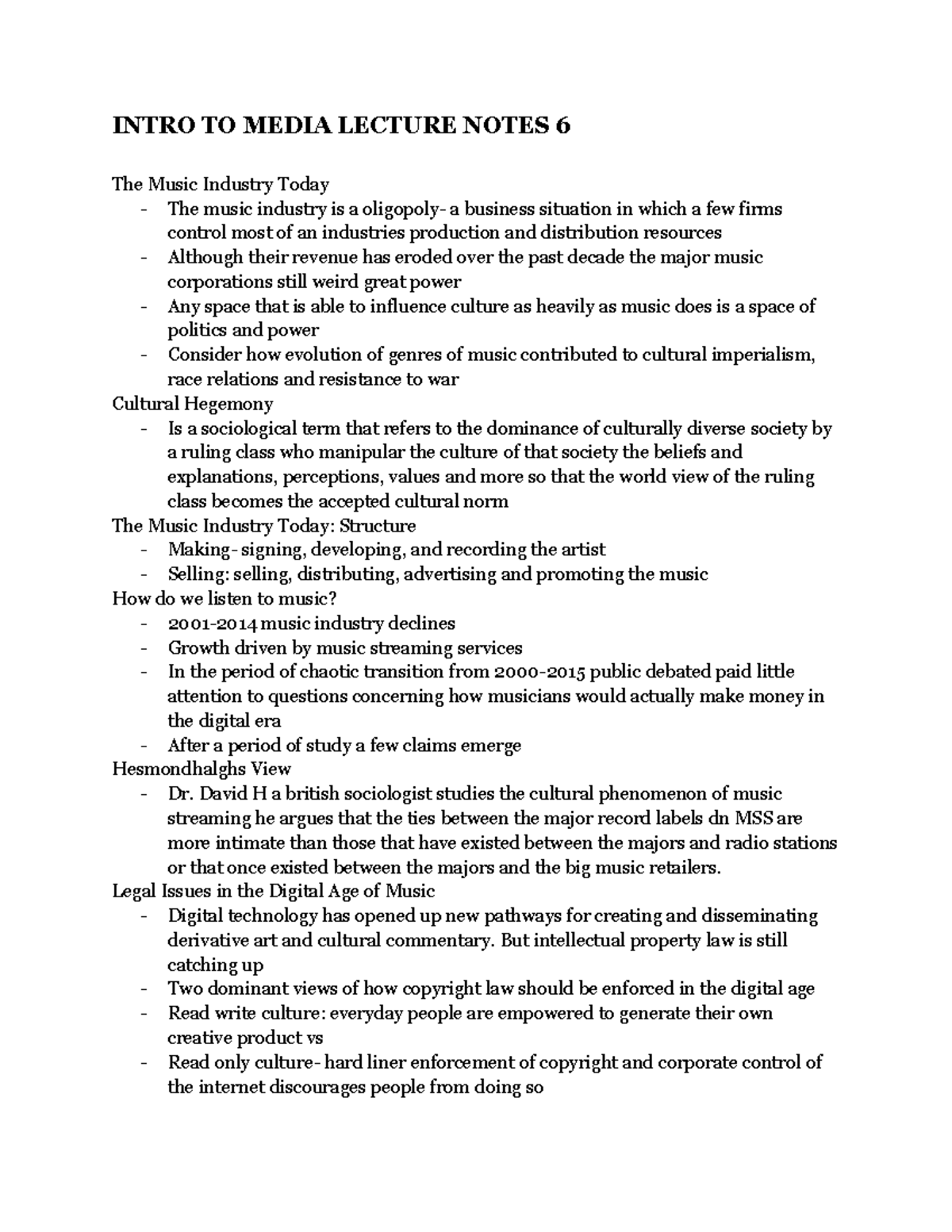 Intro to Media Lecture Notes: The Music Industry Today - Studocu