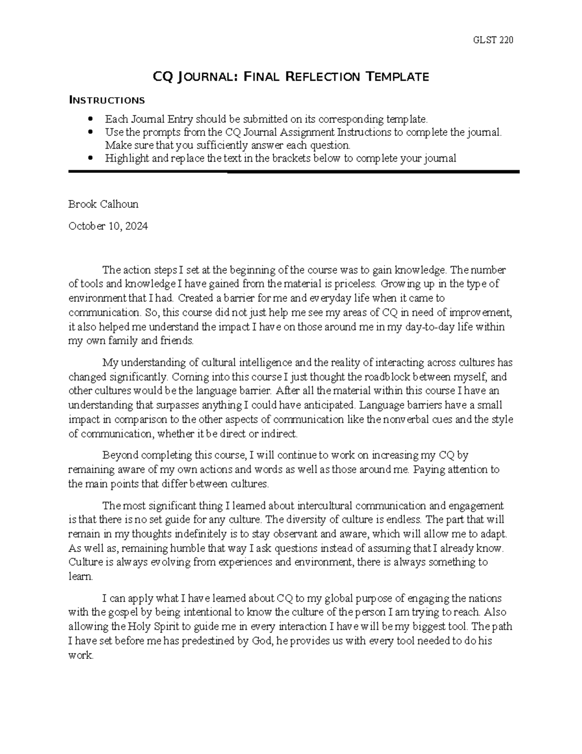 CQ Journal Final Reflection Assignment - GLST 220 CQ JOURNAL: FINAL REFLECTION TEMPLATE ...