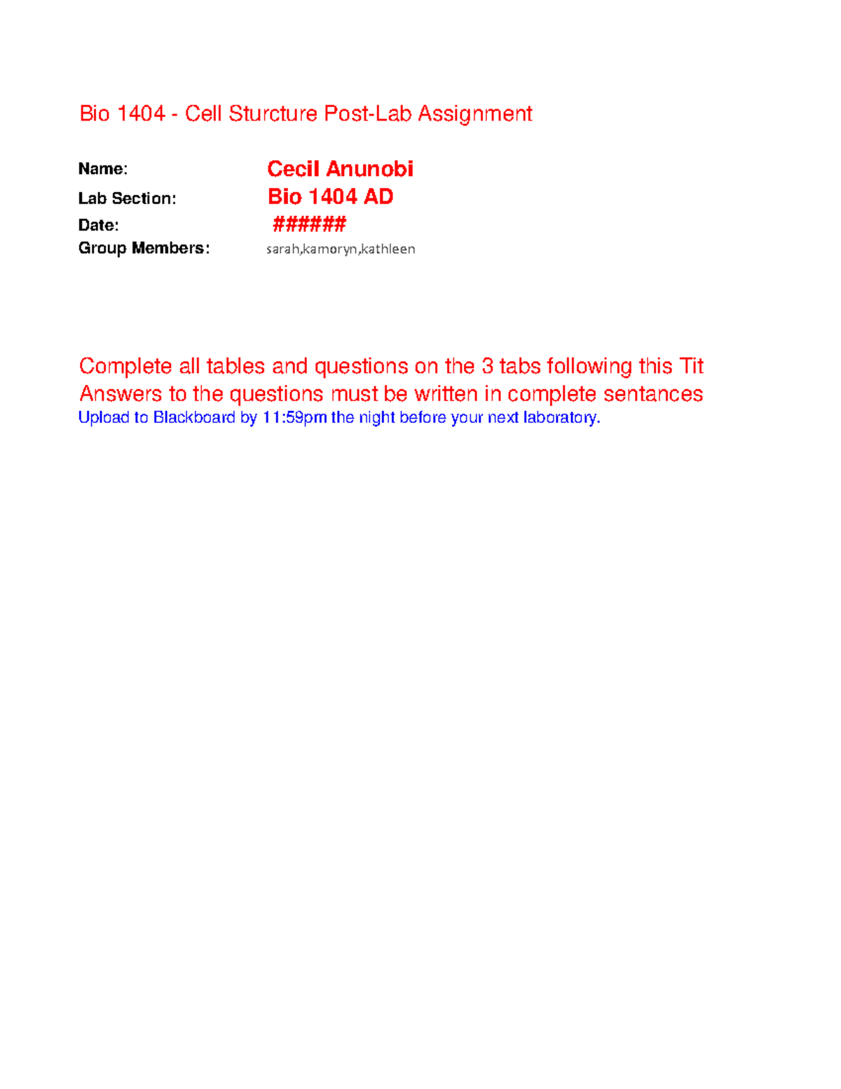 Cell Strcuture Post Lab Assignment Converted Warning Tt Undefined Function 32 Warning Tt