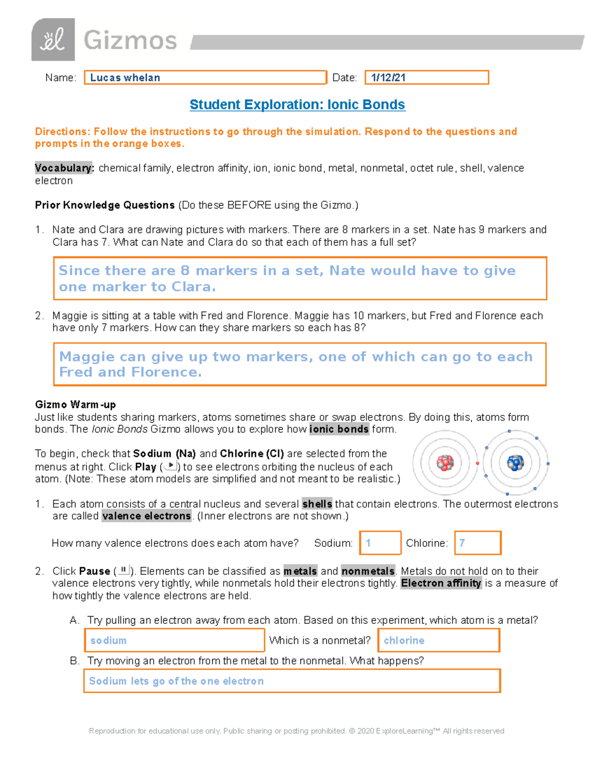 Ionic bond gizmos - Name: Lucas whelan Date: 1/12/ Student Exploration ...