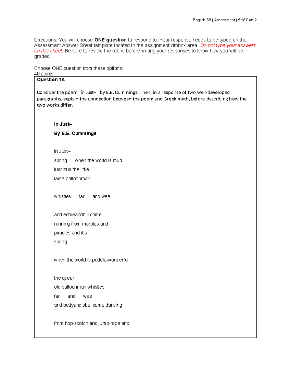ENG8B 5.18 Part 2 Written Assessment Prompts - Directions: You will ...