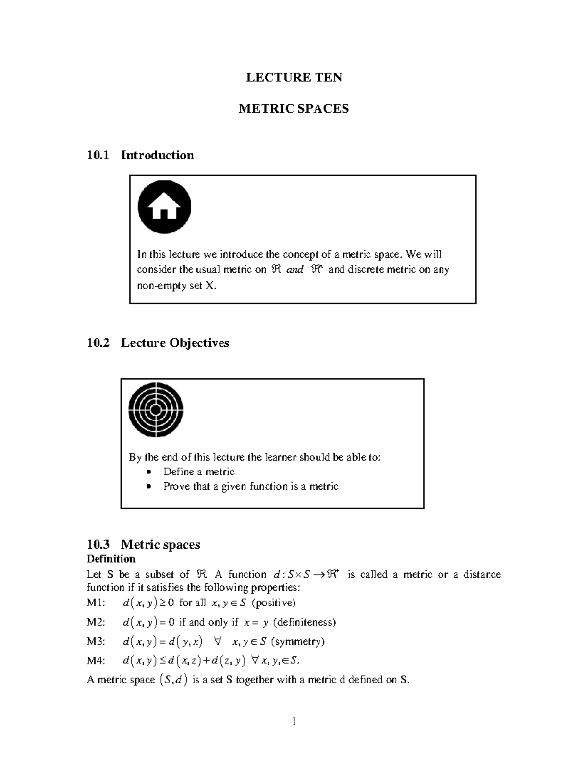 Sma 300 Lecture 10 Metric Spaces 1 1 Lecture Ten Metric Spaces 10 Introduction 10 Lecture