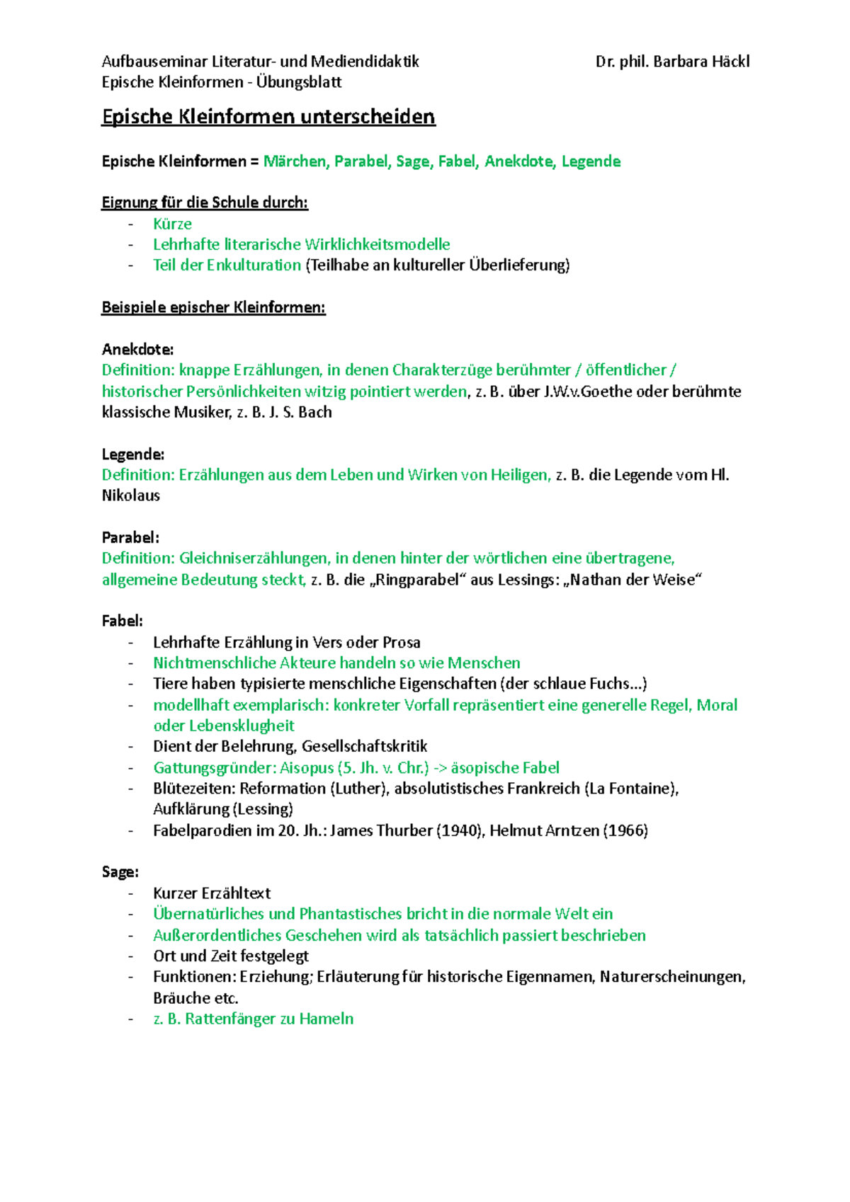 3 Übungsblatt Epische Kleinformen unterscheiden - Aufbauseminar ...