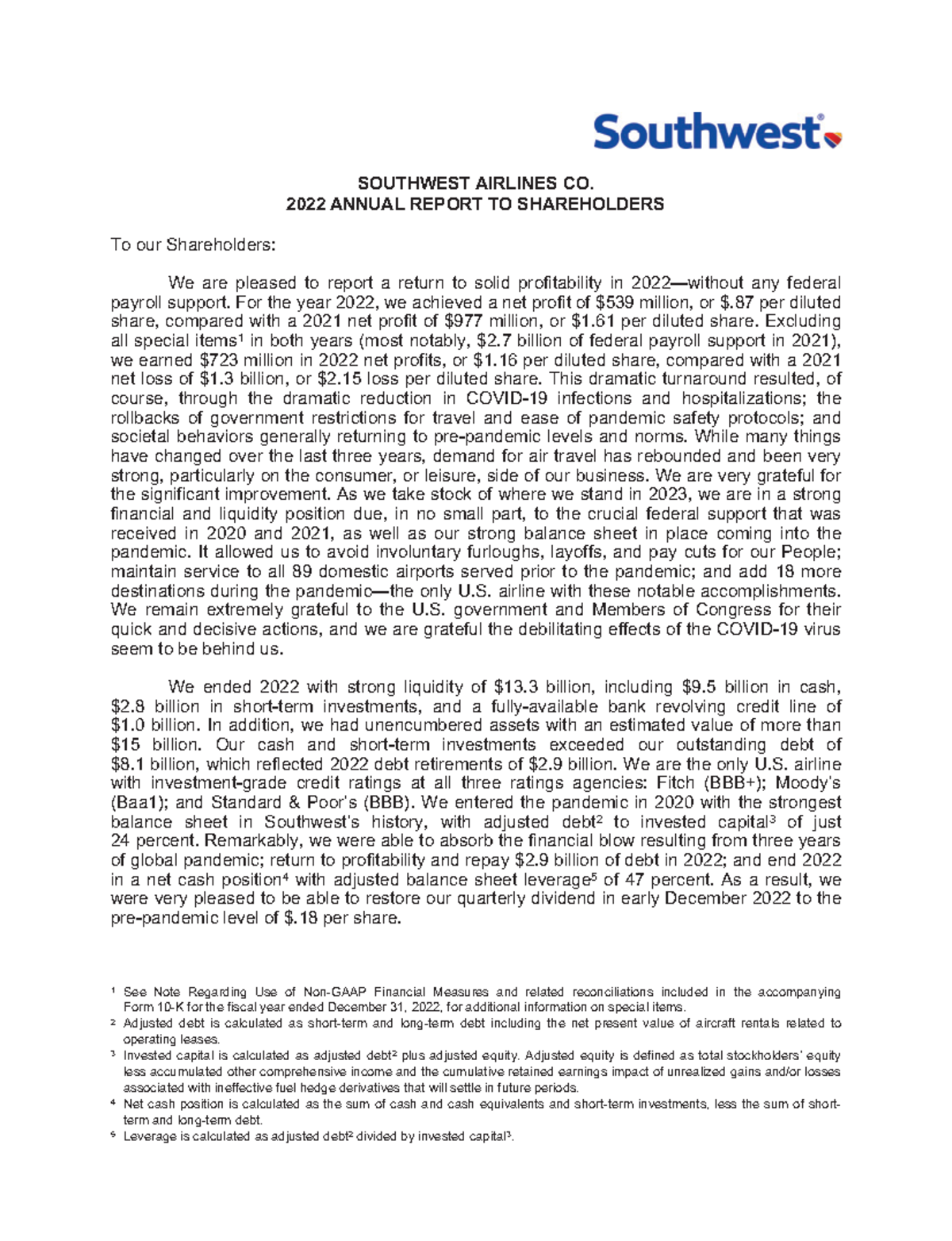 2023 Southwest 2022 Annual Report - SOUTHWEST AIRLINES CO. 2022 ANNUAL ...