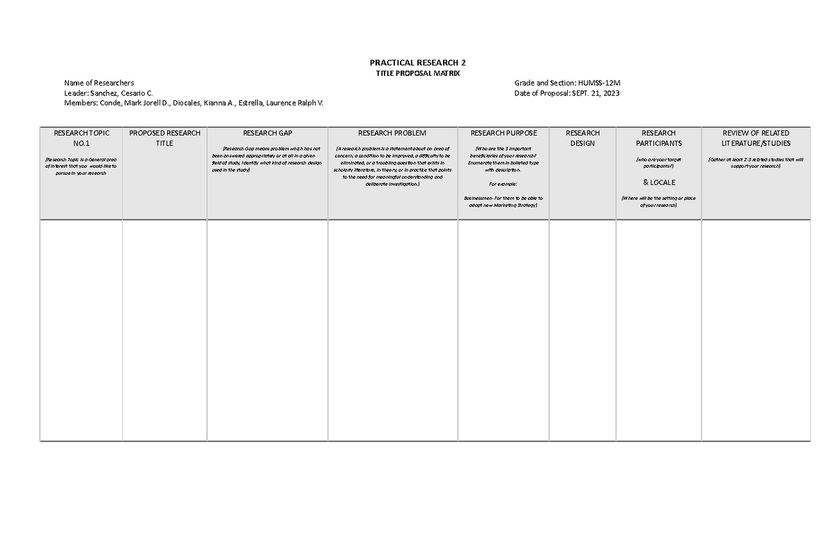Title-Matrix - matrix - PRACTICAL RESEARCH 2 TITLE PROPOSAL MATRIX Name ...