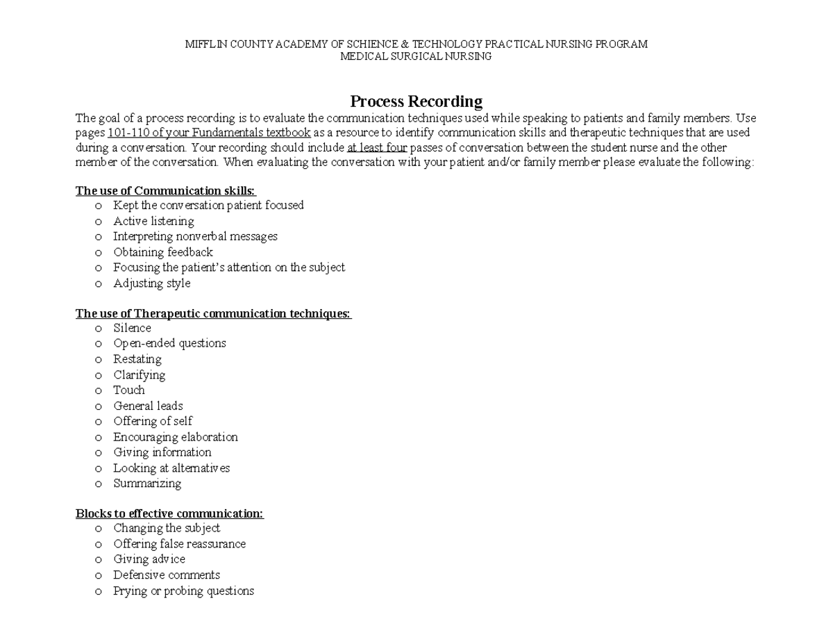 Process Recording blank document for clinical - MEDICAL SURGICAL NURSING Process Recording The ...