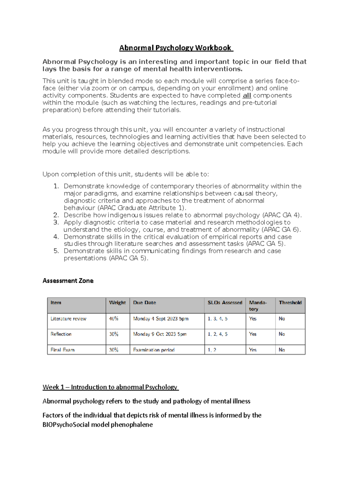 Abnormal Psychology Workbook - Abnormal Psychology Workbook Abnormal ...