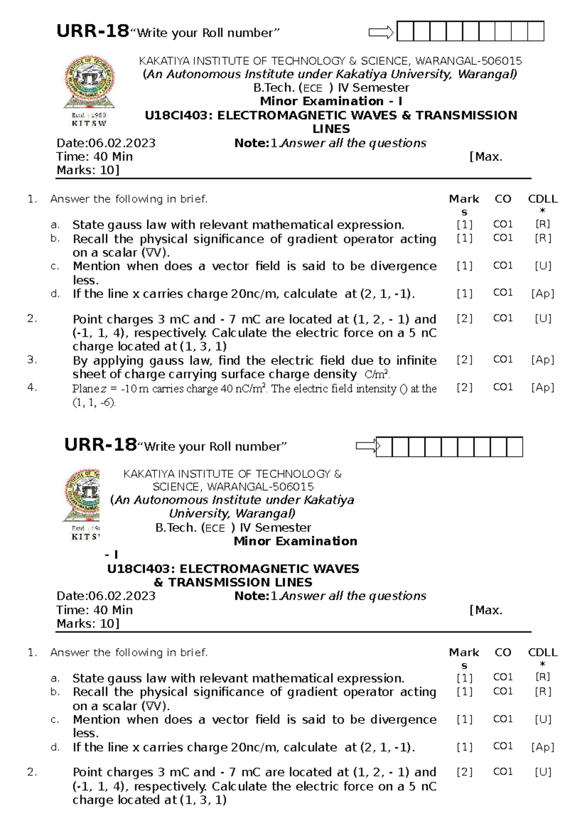 Minor 1ETTL-vvr - URR-18“Write your Roll number” KAKATIYA INSTITUTE OF TECHNOLOGY & SCIENCE ...