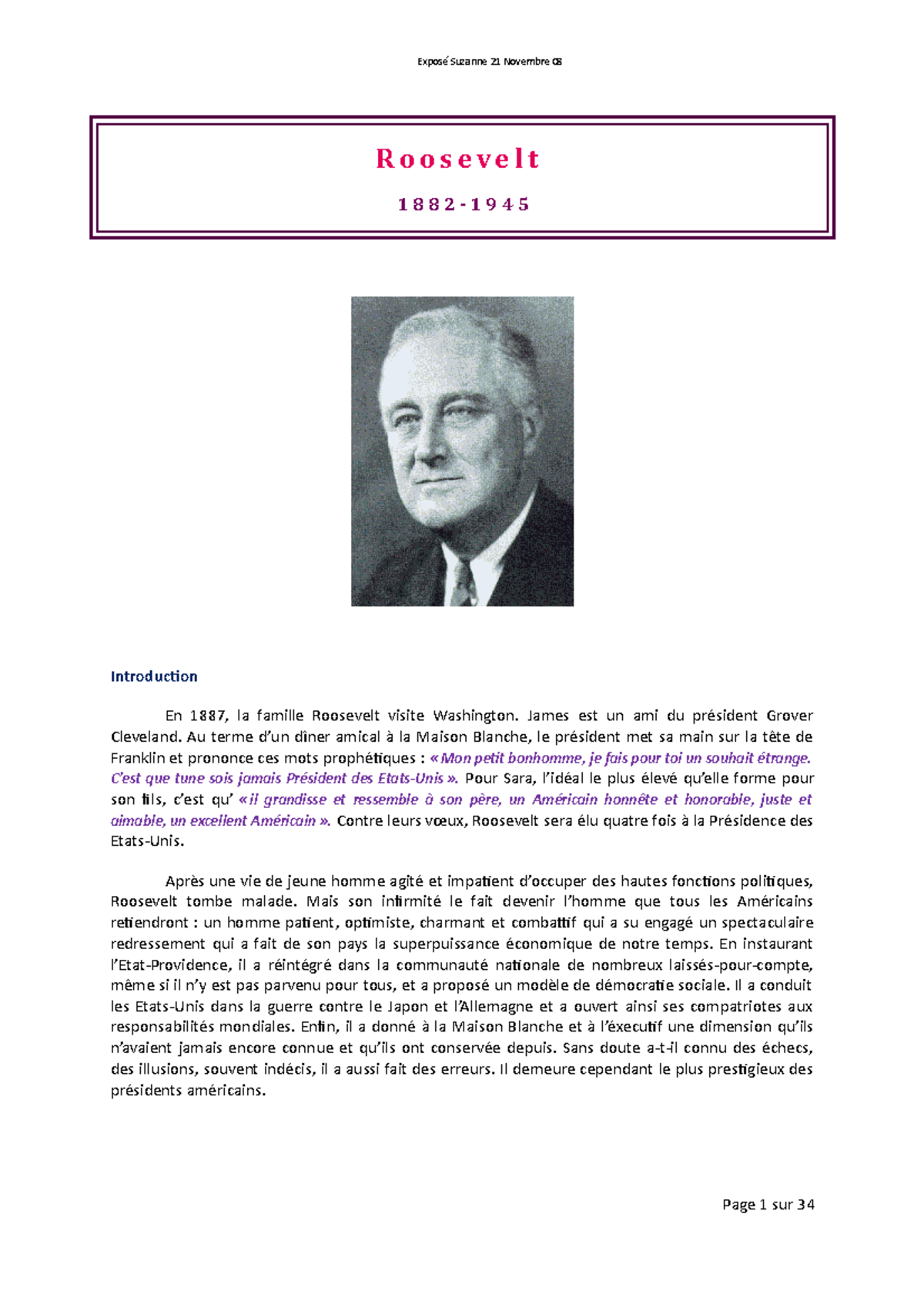 Fiche - Roosevelt - Roosevelt 1 8 8 2 - 1 9 4 5 Introduction En 1887 ...