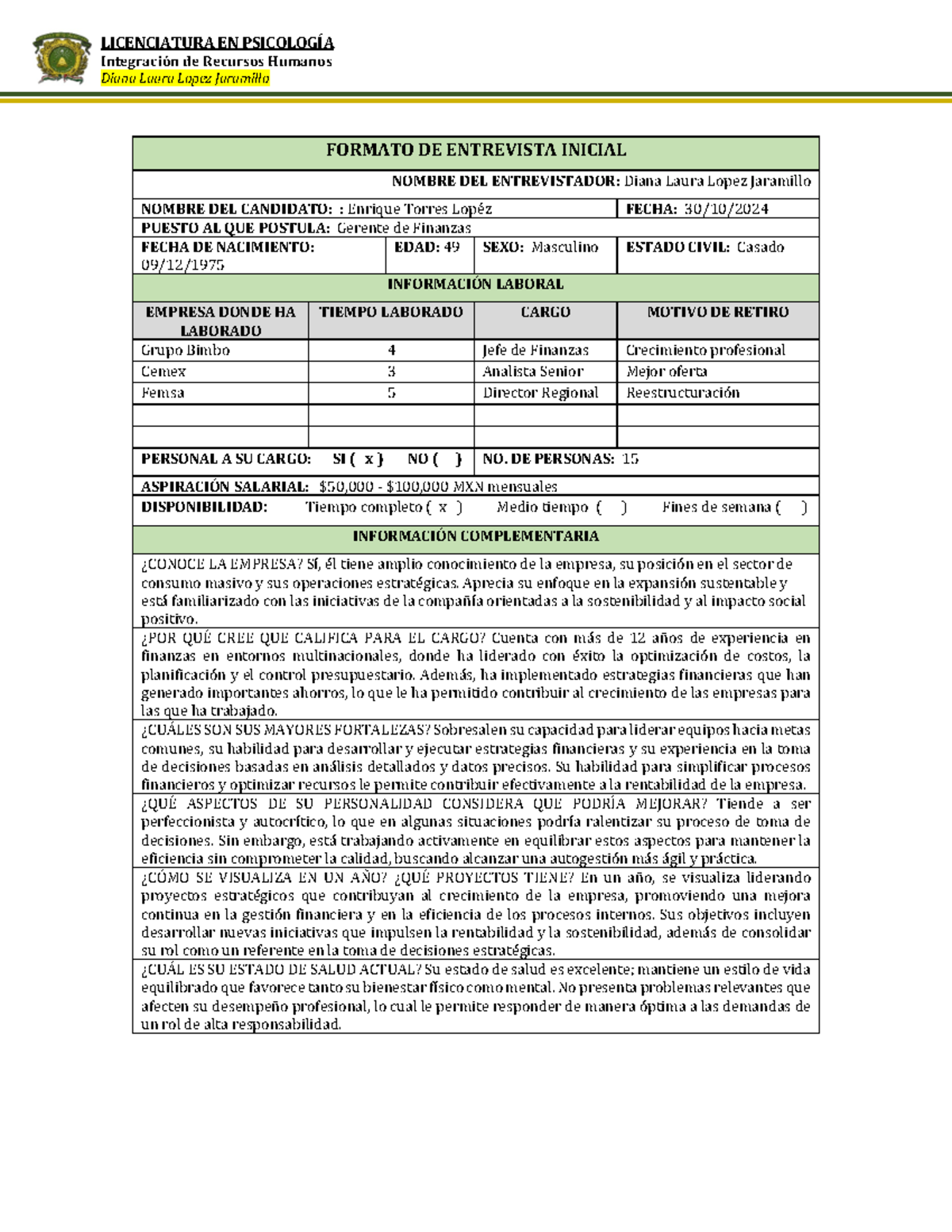 Formato Entrevista inicial (1) ) - LICENCIATURA EN PSICOLOGÍA ...