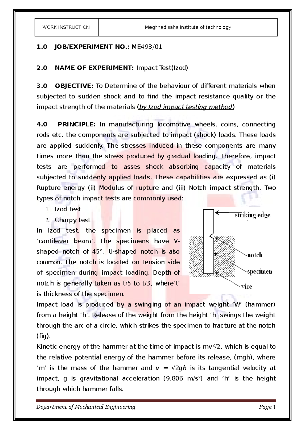 1 - notes - 1 JOB/EXPERIMENT NO.: ME493/ 2 NAME OF EXPERIMENT: Impact ...