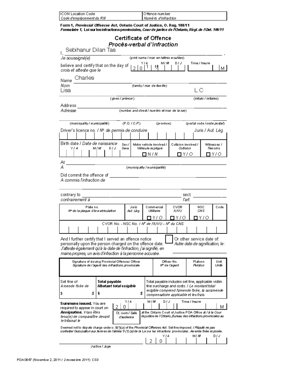 B. Provincial Offence Notice - ICON Location Code Code d'emplacement du ...