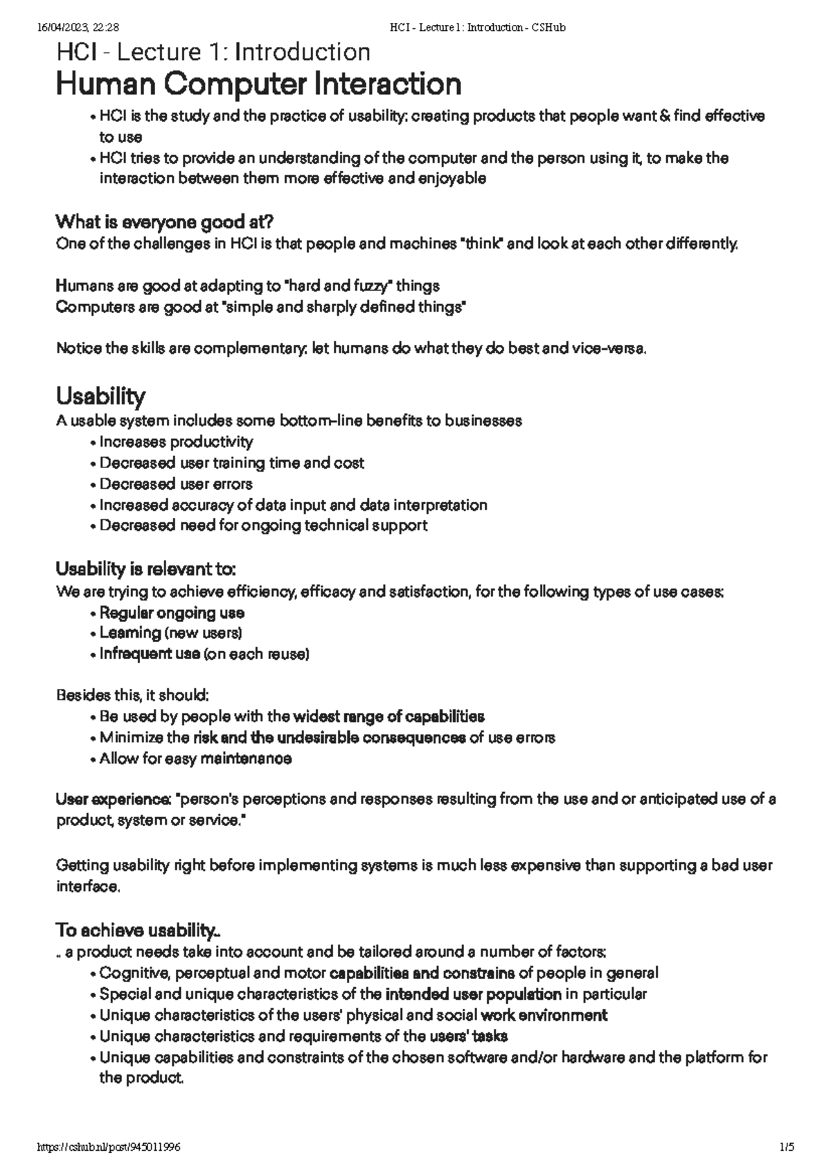HCI - Lecture 1 Introduction - CSHub - HCI - Lecture 1: Introduction Human Computer Interaction ...
