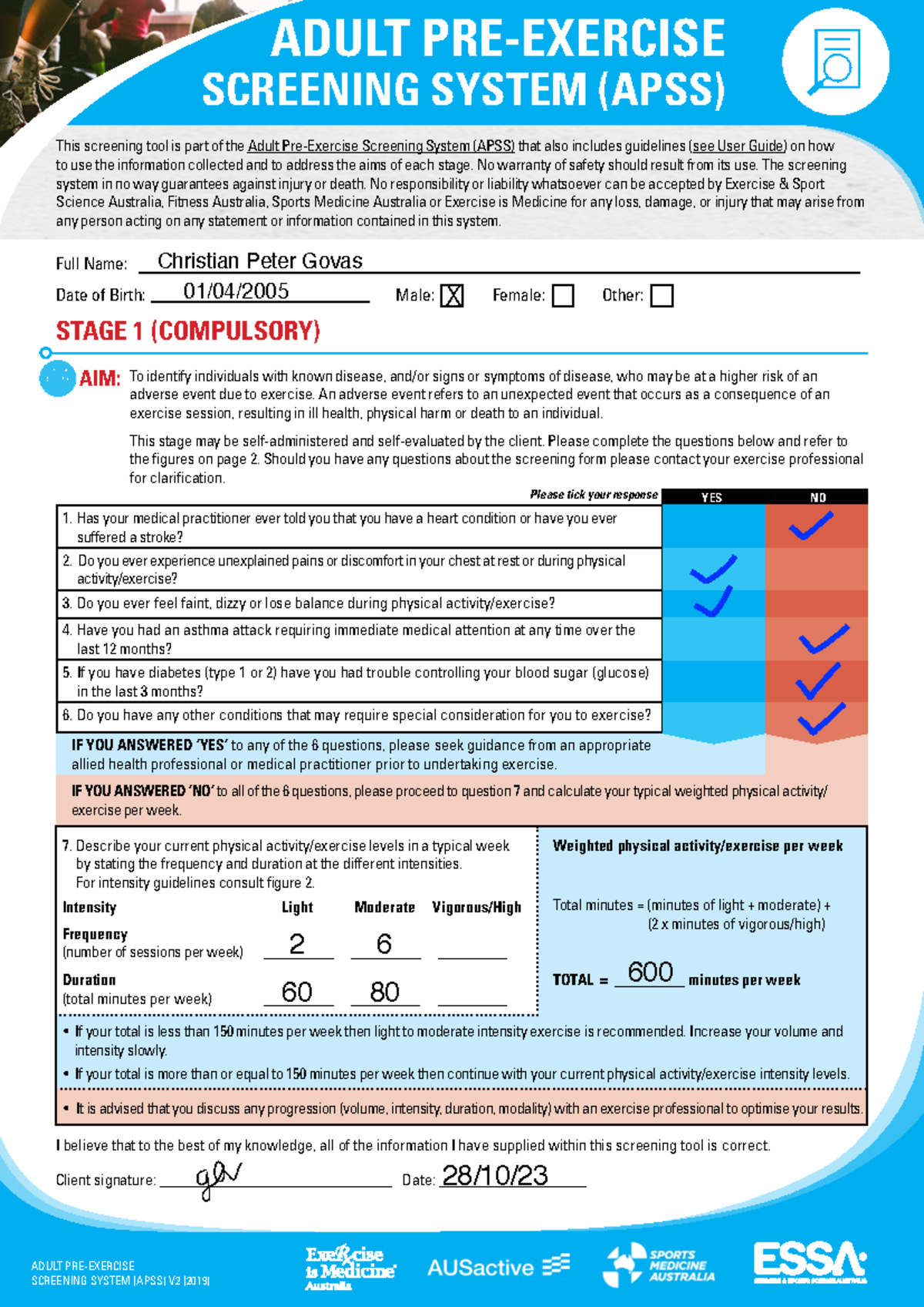 Adult Pre Screening Tool 2021 3 - ADULT PRE-EXERCISE Describe your ...