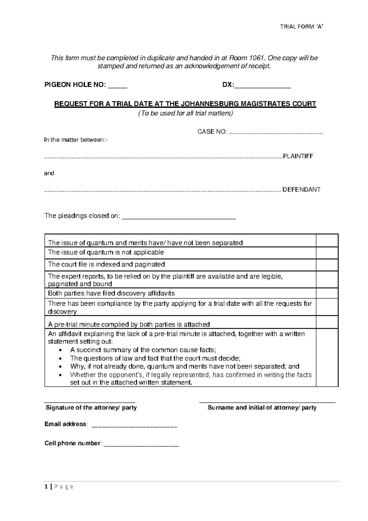 Trial FORM A ( Request FOR Trial DATE) - TRIAL FORM ‘A’ 1 | P a g e ...