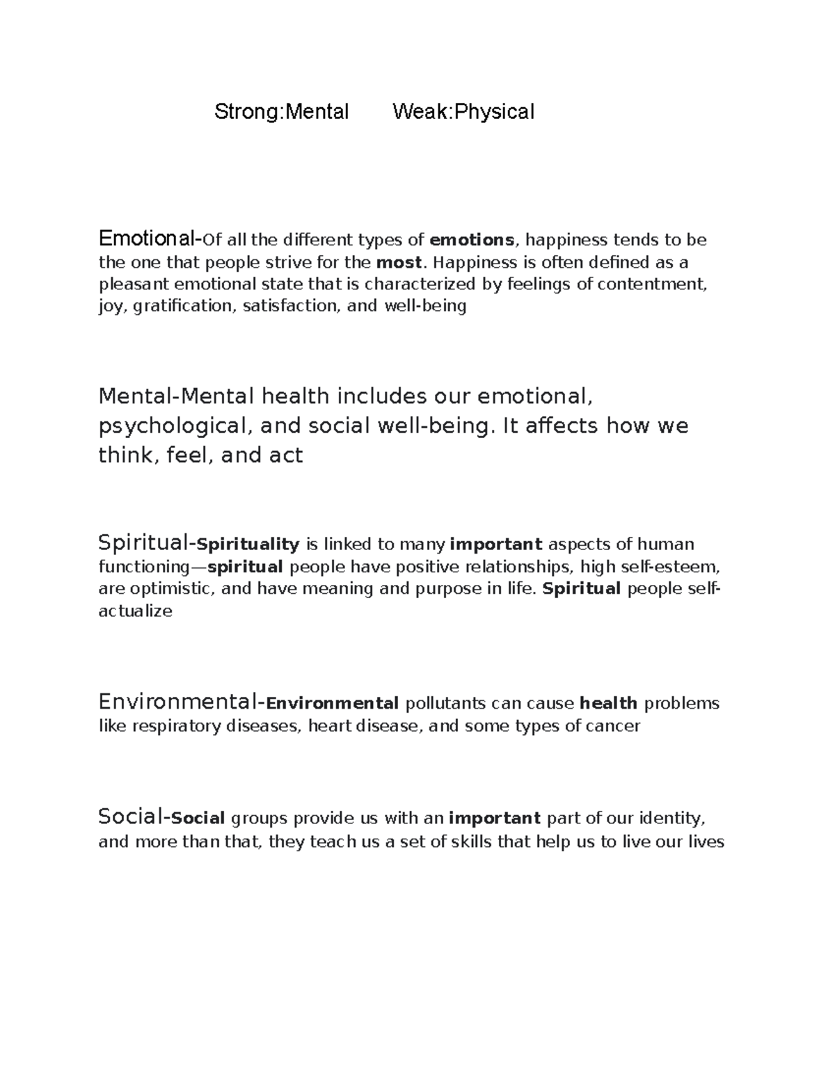 - PE Assignment 1 - prof m - Strong:Mental Weak:Physical Emotional-Of ...