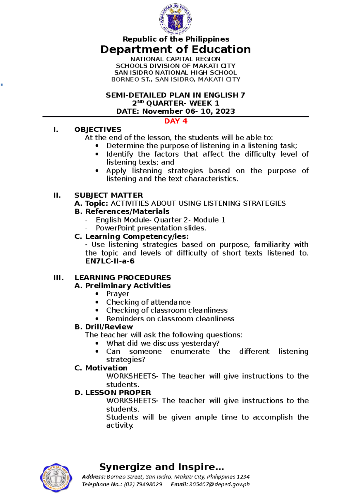 DAY 4- Listening Strategies - Republic of the Philippines Department of ...