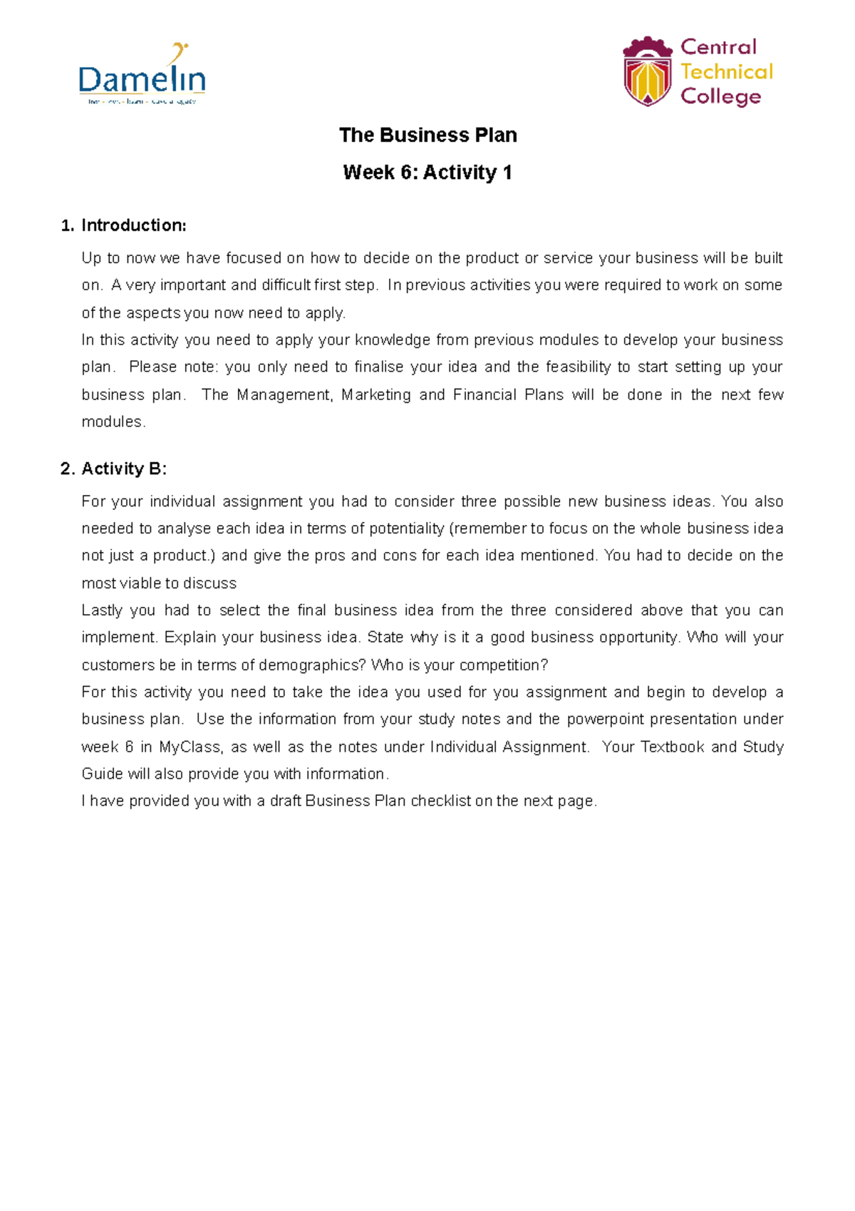 Week 6 Activity 1 MEC - The Business Plan Week 6: Activity 1 1: Up to ...