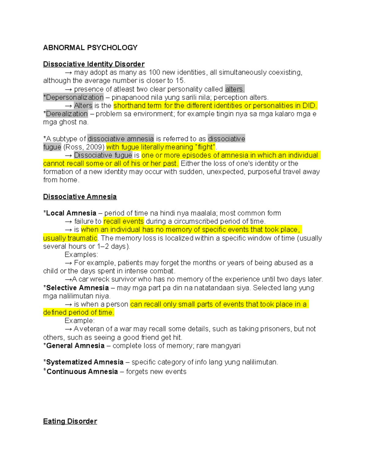 General Psych - Handouts 101 - ABNORMAL PSYCHOLOGY Dissociative ...