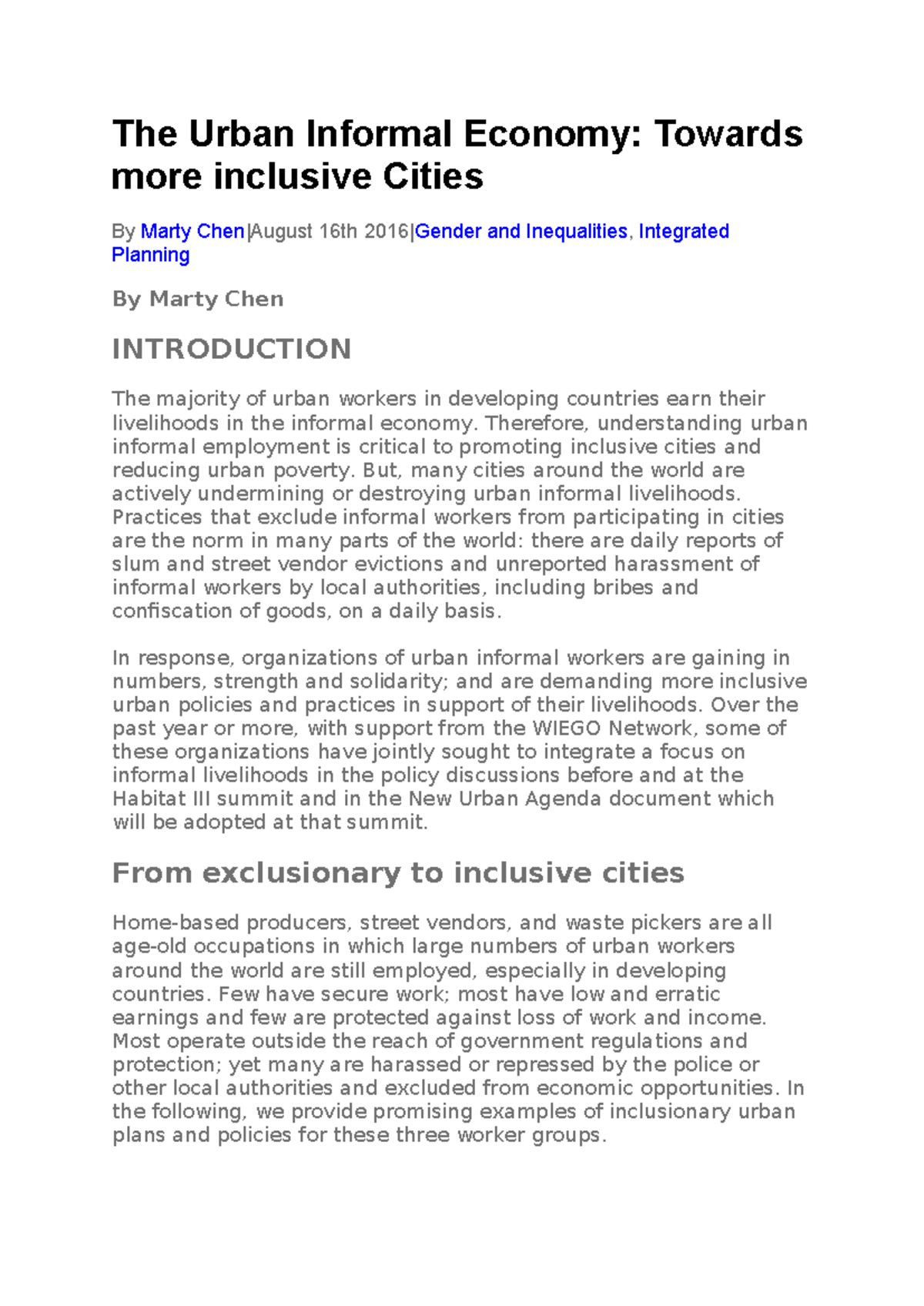 The Urban Informal Economy inclusive city - The Urban Informal Economy ...