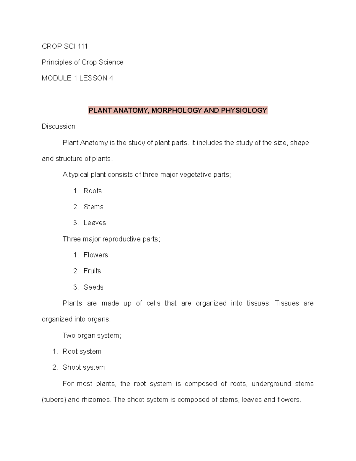 Plant Anatomy, Morphology AND Physiology CROP Science CROP SCI 111 ...