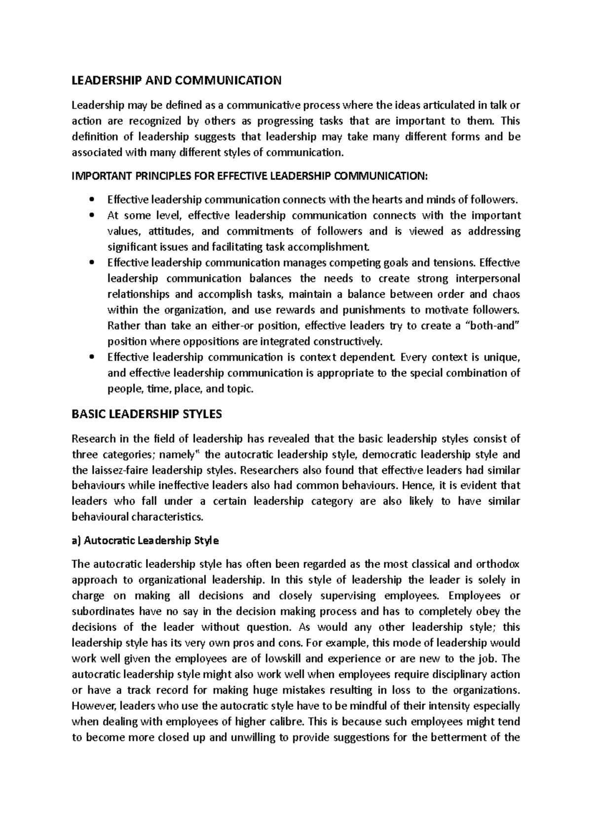 Leadership AND Communication - LEADERSHIP AND COMMUNICATION Leadership ...