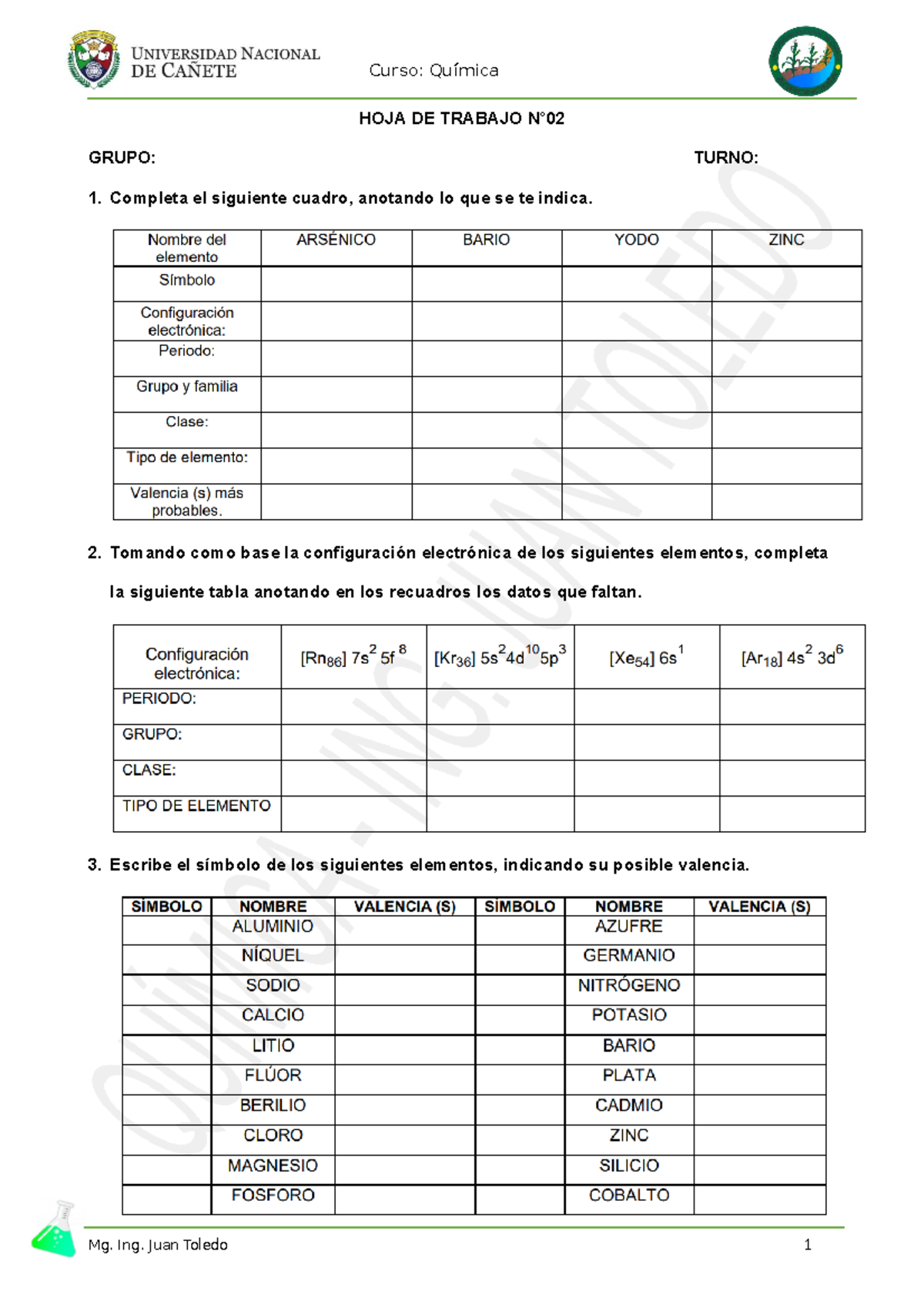 HOJA DE Trabajo 03 Quimica - Jcatg (1) - Curso: Química Mg. Ing. Juan ...