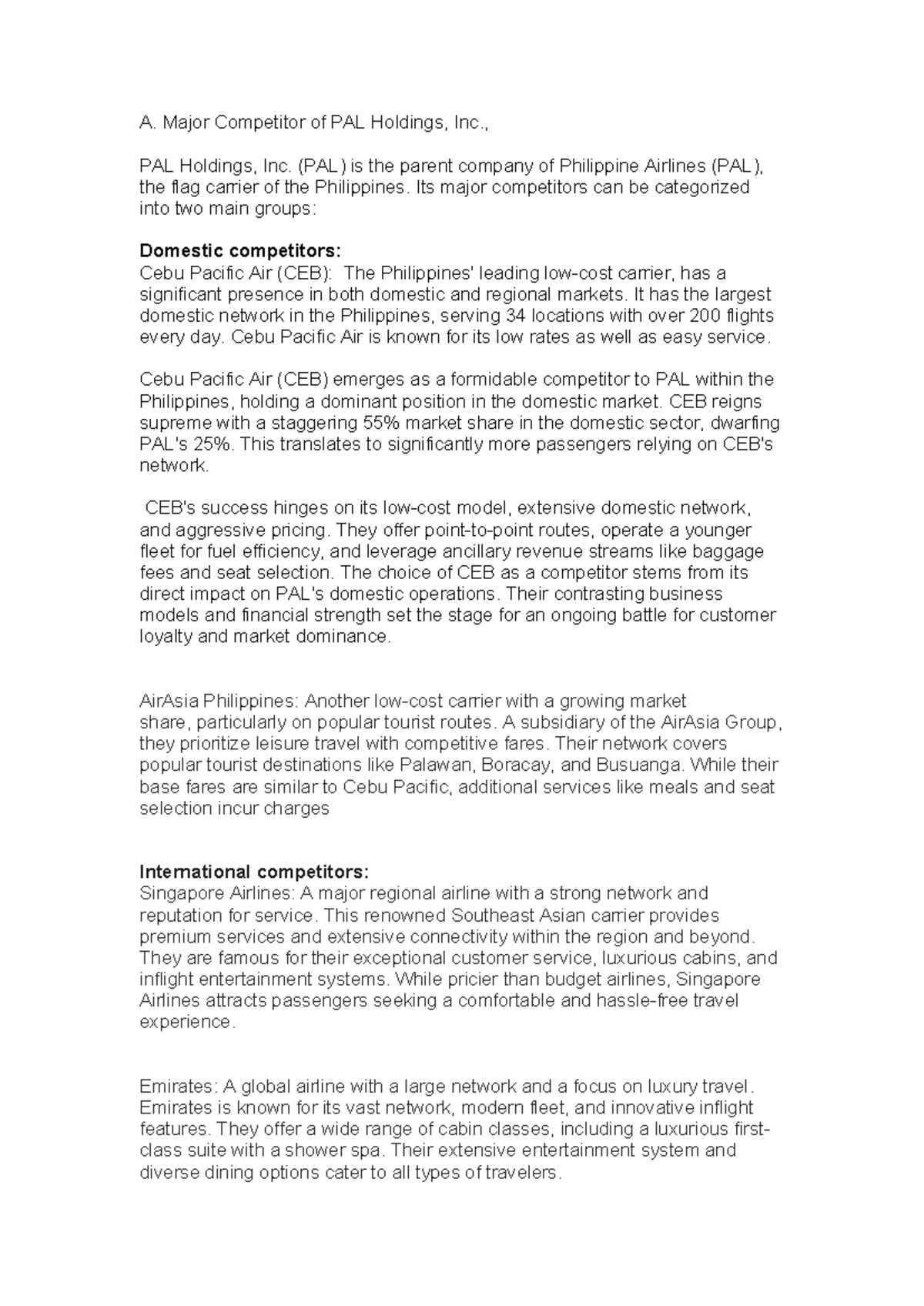 Pal competitors - okayy - A. Major Competitor of PAL Holdings, Inc ...