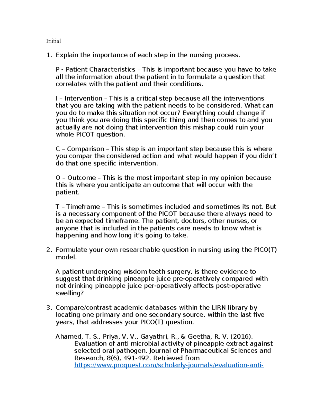 Discussion 1.2 Research Process and Research Questions using PICO ...