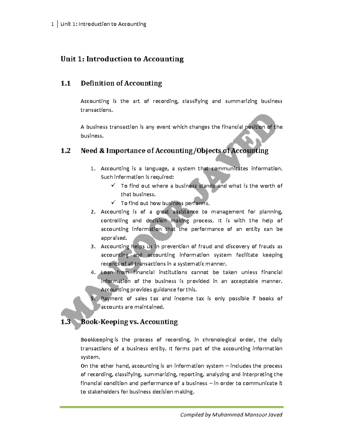 MGT 205 Notes - not sure - 1 Unit 1: Introduction to Accounting Unit 1 ...