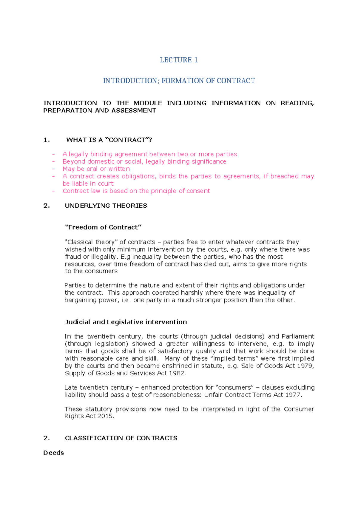 Law of contract - lecture 1 - LECTURE 1 INTRODUCTION; FORMATION OF CONTRACT INTRODUCTION TO THE ...