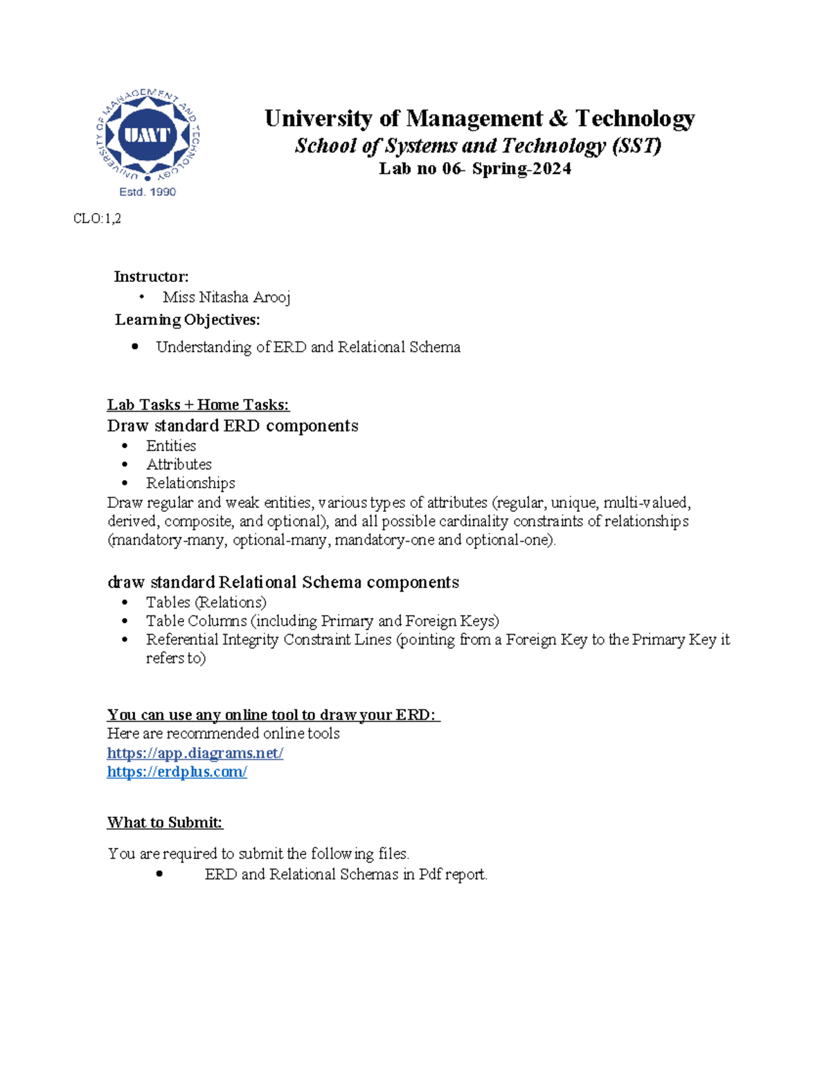 database systems Lab Manual Week 06 - Practice material of queries - University of Management ...