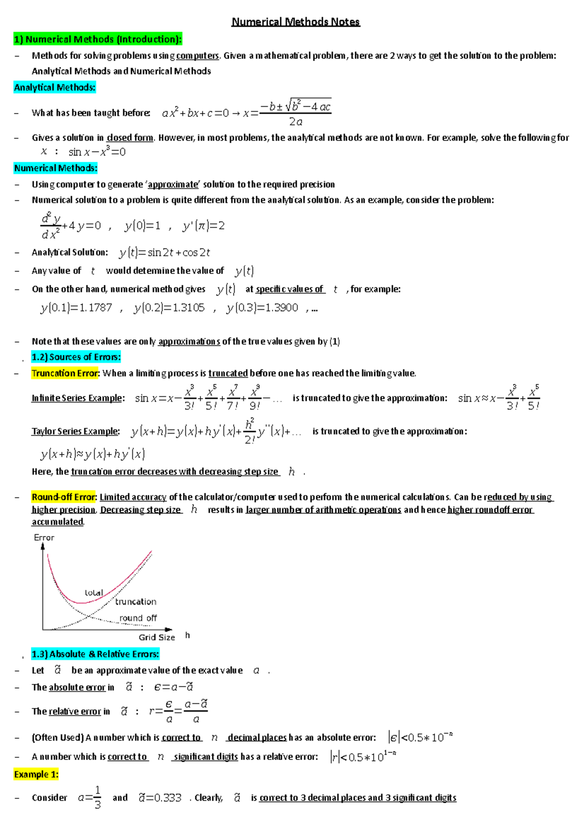 2) Numerical Methods Notes/Summary - Numerical Methods Notes 1 ...