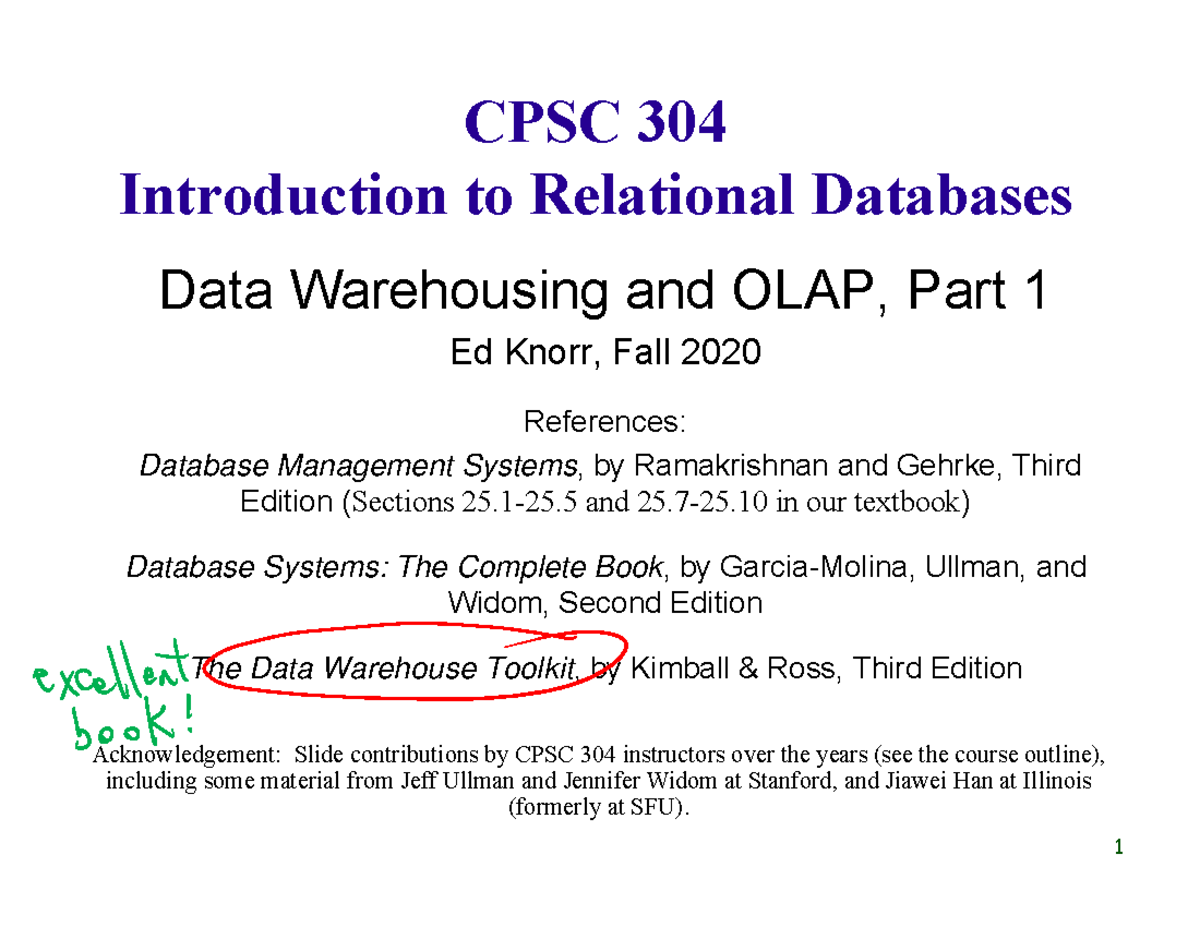 Unit 12 Data Warehousing (annotated) - CPSC 304 Introduction to Relational Databases Data - Studocu