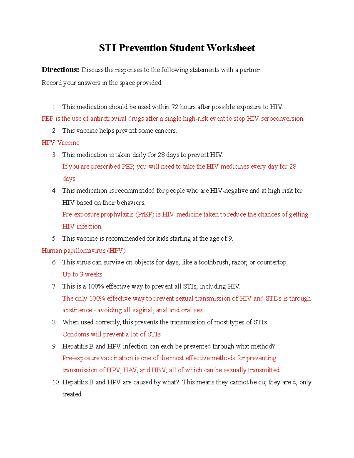 Copy of STI Prevention Worksheet - STI Prevention Student Worksheet ...