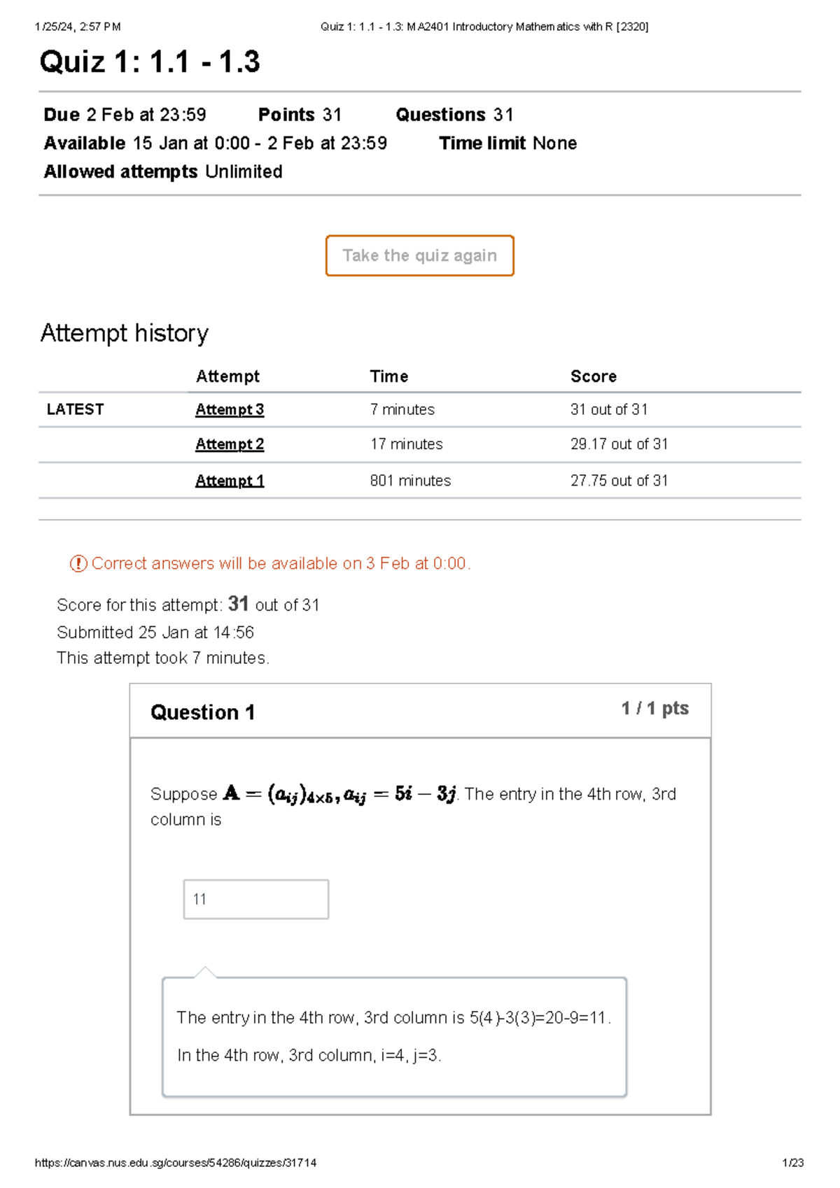 MA2401 Quiz 1 Answer - Quiz 1: 1 - 1. Due 2 Feb at 23:59 Points 31 ...