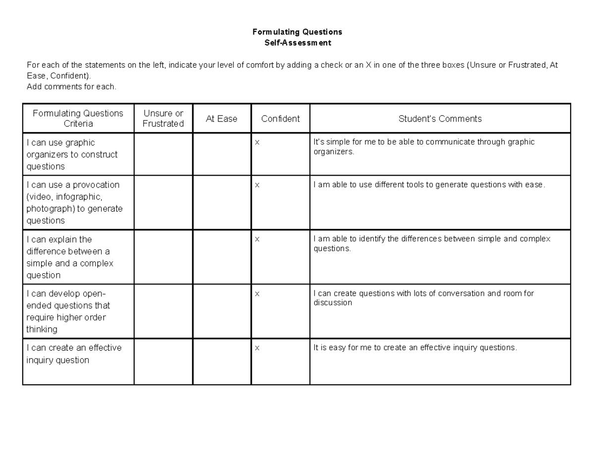 Formulating Questions Self Assessment - Formulating Questions Self ...