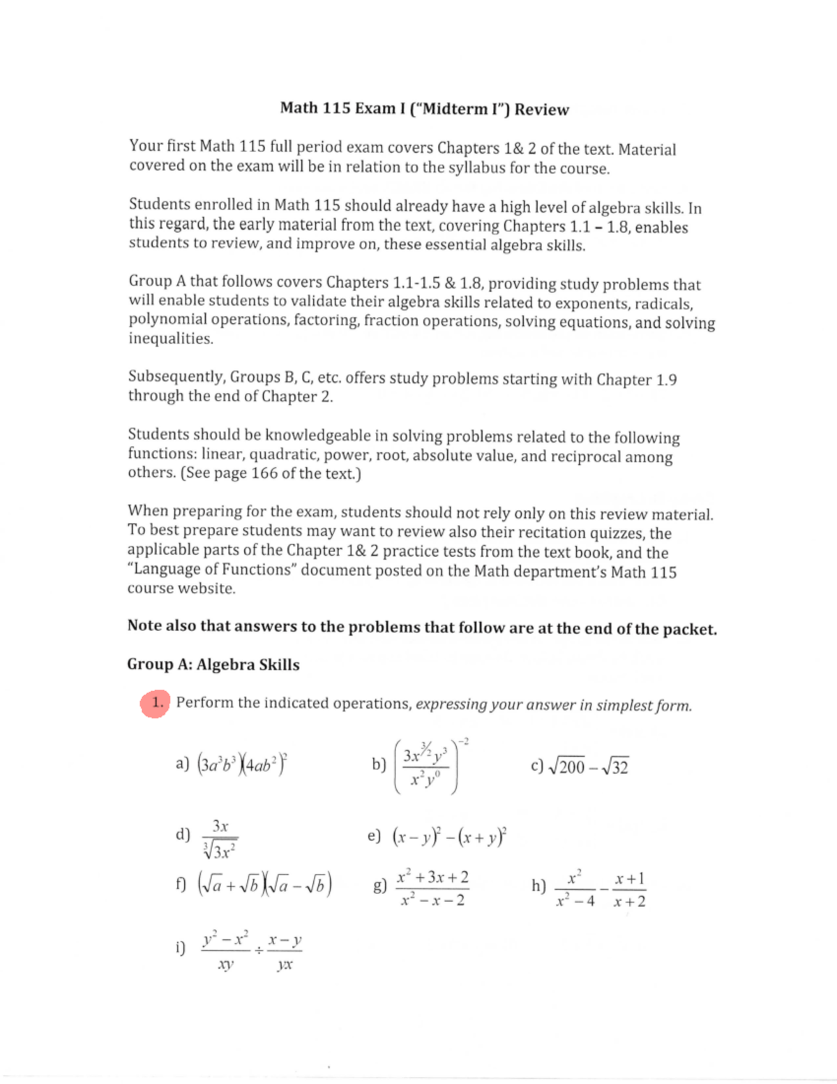 (Extra Problems) Final Exam Review Math 115 - 01.640.111 - - Studocu